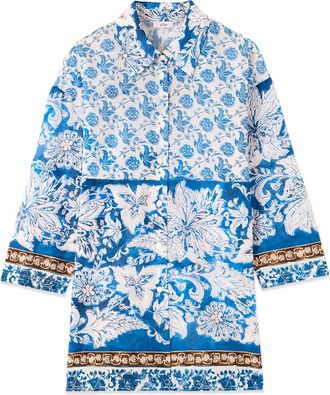 Oltre Femme, Blouses et Chemises, Bleu, Taille: 42 FR Chemise en mousseline de coton &agrave; motifs