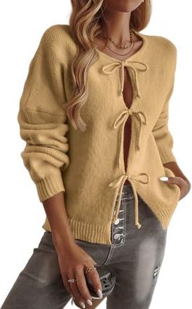 Generic Y2K Cardigan &agrave; nouer sur le devant pour femme, tricot &eacute;pais c&ocirc;tel&eacute; &agrave; manches longues bouffantes tendance pour lautomne et lhiver, jaune clair, XL