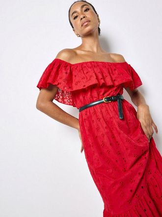 Apricot Maxikleid Maxikleid mit Bardot-Ausschnitt und Stickerei Stickerei