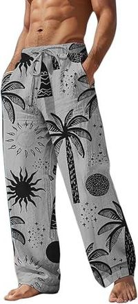 Generic Pantalon d&eacute;t&eacute; pour homme - Motif soleil et cocotier - Pantalon long - Pantalon de plage d&eacute;contract&eacute; - Poche - Vacances - Coupe droite, gris, XXL