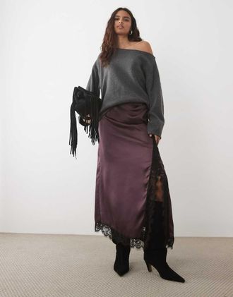 Asos jupe midi en satin avec empi&egrave;cement en dentelle et fente haute marron
