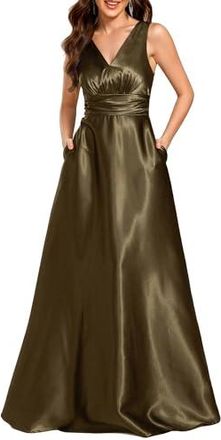 Ever-pretty Robe de Demoiselle dhonneur Femme Satin Poches Col V Taille Empire sans Manches Vert Olive 36