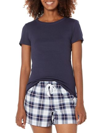 Amazon Essentials Damen Nachtwäscheset mit Shorts und T-Shirt aus Popeline, Marineblau Karomuster, XXL