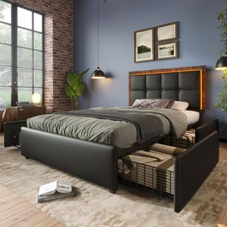 Myboo Polsterbett Einzelbett 90x200, Bett mit 4 Schubladen&LED-Beleuchtungsleiste&H&ouml;henverstellbarem Kopfteil&Lattenrost, Stauraumbett Funktionsbett Bettges