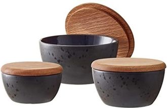 Bitz Schalenset, 3 Schalen/Schüsseln mit Deckel aus Eichenholz, Durchm. 10, 12 & 14 cm, Schwarz/Dunkelblau