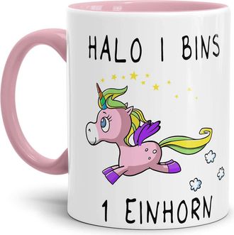 Tassendruck Halo I Bins/Einhorn/Farbtasse Innen + Henkel Rosa mit Spruch - Kaffeetasse Unicorn Mug Cup Halo I Bins 1 Einhorn - Qualit&auml;t Made in Germany