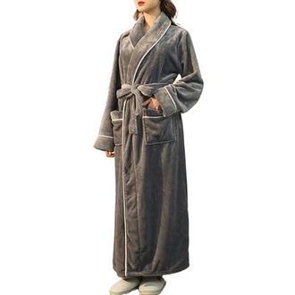 Generic Peignoir Long Femme Polaire Chaud Manches Longues Ceinture Ajustable Robe de Chambre Maxi Douce avec Poches Hiver