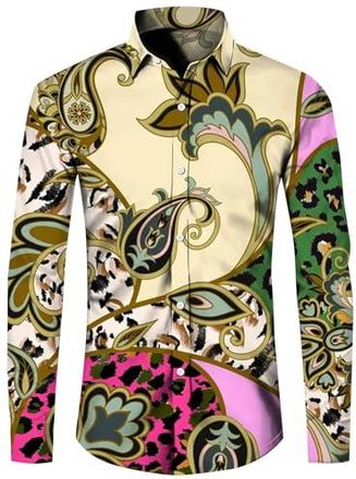 Generic Chemise florale &agrave; manches longues pour homme - Coupe droite - Imprim&eacute; boutonn&eacute; - Chemise de loisirs des ann&eacute;es 70 - Disco Hip Hop - D&eacute;contract&eacute;e - Pai