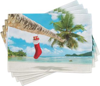 Abakuhaus Weihnachten Platzmatten, Strand Weihnachtsstr&uuml;mpfe, Waschbare Stoff Esszimmer K&uuml;che Tischdekorations Digitaldruck, Hellblau Gr&uuml;n