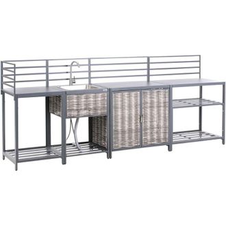 Beliani Outdoor-K&uuml;che Grau Aluminium u. Polyrattan 4er Set mit Edelstahl-Sp&uuml;le Handtuchstangen Modern Garten Drau&szlig;en Outdoor-K&uuml;chenm&ouml;bel Gartenk&uuml;che