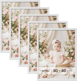 Woltu Lot de 5 Cadre Photo 30x40cm Cadre en Bois Massif avec Passe Partout, Suspendre Horizontalement ou Verticalement, Décoration Murale ou sur Table, Blan