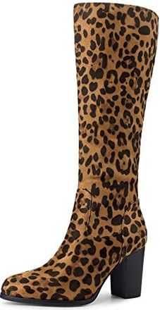 Allegra K Bottes hautes &agrave; talons carr&eacute;s et bout rond pour femmes L&eacute;opard 37