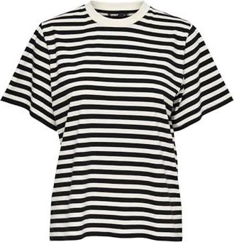 Only Seulement T-Shirt rayé Femme en Coton avec col Rond, Couleurs:Blanc-2, Taille:XL