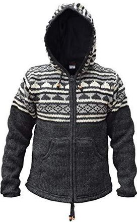 Gheri Nepalais Veste dhiver &agrave; capuche en tricot doubl&eacute; fait main - Multicolore - Small