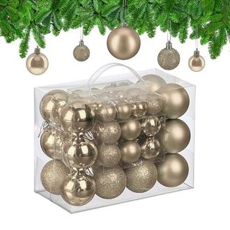 Relaxdays Weihnachtskugeln, 50er Set, Kunststoff, glitzernde, Matte, glänzende Baumkugeln, Christbaumschmuck, Champagner