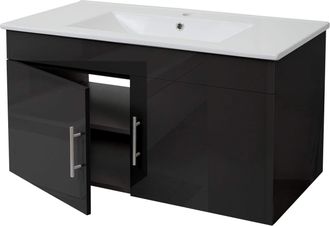 Mendler Waschbecken + Unterschrank HWC-D16, Waschbecken Waschtisch, FSC-Zertifiziert, Hochglanz 90cm - schwarz