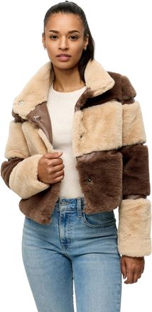 Tazzio Damen Jacke - &Uuml;bergangsjacke mit Blockstreifen-Design im Teddy-Look, kuschelige Felloptik F805 (Ecru, M)