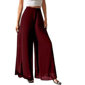 Generic Robe de plage en mousseline de soie pour femme, pantalon palazzo &agrave; jambes larges, fluide, l&eacute;ger, long, tendance, pantalon d&eacute;contract&eacute;, bordeaux, L