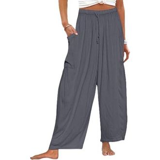 Generic Pantalon sarouel en lin pour femme avec cordon de serrage - Style décontracté - Pour lété, la plage, les voyages, les vacances - Avec poches, gris, 3X
