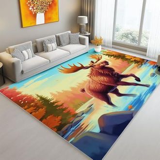 Generic Multicolore Lavable en Machine Tapis Salon Dessin anim&eacute; cerf rivi&egrave;re, 140 x 200 cm Doux Tapis de Sol Pelucheux Dessous Antid&eacute;rapant, Entree Interieur 