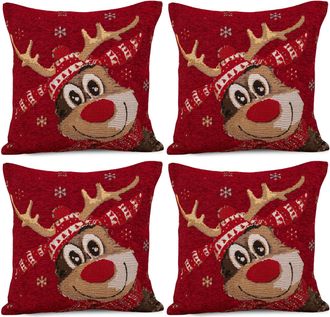 Matches 21 Kissenbezug flauschig 45x45 cm witziges Rentier dunkelrot - 4er Set Kissenhüllen als Weihnachtsdeko