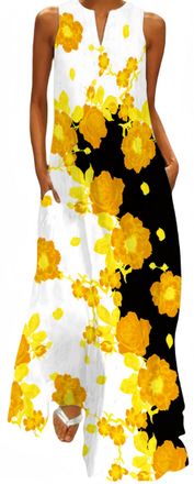 Ocean Plus Damen Muster Maxikleid V-Ausschnitt Kleid mit Stecktaschen und Weitem Rock (5XL, Gelbe Blüten)