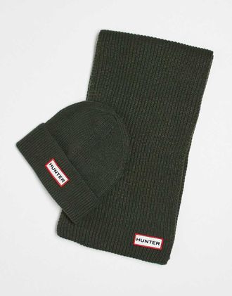 Hunter Unisex-Geschenkset aus Strickm&uuml;tze und Schal in Dunkelgr&uuml;n