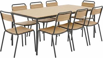 Oviala Ensemble table de jardin en m&eacute;tal et bois et 8 chaises gris