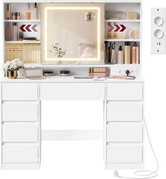 Vasagle Coiffeuse avec Miroir LED, Multiprise, 9 Tiroirs, Loupe 10x, Rangement Bijoux, Éclairage 3 Couleurs, Installation des Rails sans Outils, Blanc Nuage