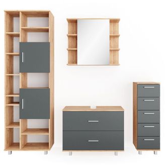 Vicco Badmöbel-Set Ilias, Anthrazit/Goldkraft Eiche, 4 Teile, mit Hochschrank