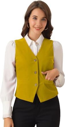 Allegra K Gilet en velours vintage sans manches boutonn&eacute; col en V pour femme, jaune, M