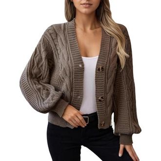 Generico Cardigan court pour femme uni vintage avec col en V pour femme, Caf&eacute;, XL