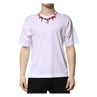 Dolce & Gabbana Wei&szlig;es verziertes Baumwoll-Rundhals-T-Shirt - - Tops - Herren - Wei&szlig; - XS