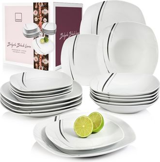 Sänger | Tafelservice Bilgola Black Lines aus Porzellan, 18-teiliges Geschirrset für 6 Personen, Teller Set, Eckig | PREMIUM COLLECTION