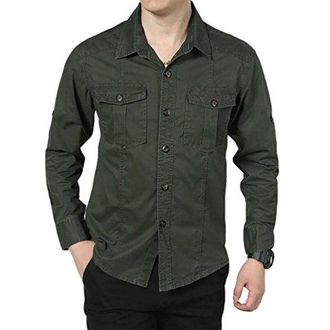 Baymate Hommes De Plein Air Usure Loose Style Chemise Manches Longues D&eacute;sinvolte Tops Arm&eacute;e Vert 2XL
