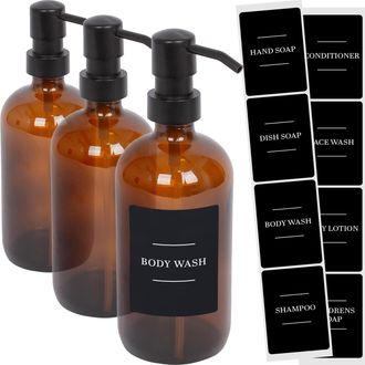 Harbour Housewares 3X Seifenspender aus Glas mit Etiketten - 500ml - Bernstein - Badezimmer K&uuml;che Shampoo Duschgel Fl&uuml;ssig Handw&auml;sche Schaum Pumpe Flasche