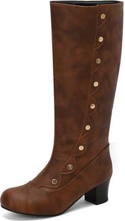 Generic Bottes d&eacute;quitation vintage victoriennes avec d&eacute;cor clout&eacute; confort talon bas bout rond chaussures dhiver d&eacute;contract&eacute;es pour femme, marron, 39.5 EU