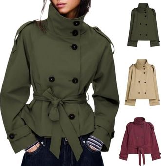 Generic Trench court pour femme automne 2025 design r&eacute;tro revers double boutonnage lacets polyvalent court automne trench, vert militaire, S