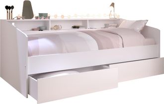 Calicosy Kopfteil mit Nischen und Nachttisch, 1 integrierte Schublade, für Betten mit 140 und 160 cm, Dekor, Weiß und Eichenholz, Spanplatten, für Schlafzimmer