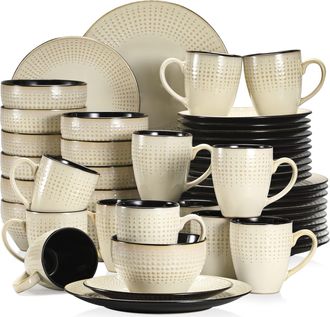VANCASSO Kombiservice Steinzeug, vancasso GUTO Tafelservice, 48-teiliges Ess Geschirrset mit je 12 Speisetellern, Kuchentellern, Schalen und Tassen f&uuml;r 12 Pers
