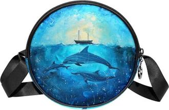 Generic Sac &agrave; bandouli&egrave;re rond pour femme, motif dauphin, bateau sous la mer bleue, petit sac &agrave; bandouli&egrave;re avec fermeture &eacute;clair, bretelles r&eacute;glables, sac &agrave; 
