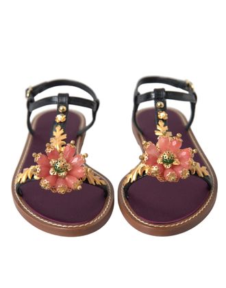 Dolce & Gabbana Womens Black Crystal Gold Sandals Leather Shoes