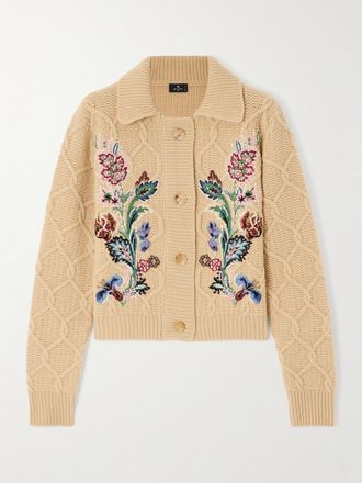 Etro Cardigan En Laine Et Cachemire Mélangés À Mailles Torsadées Et À Broderies - Neutres