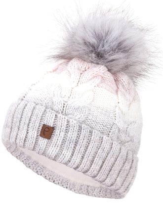 Faera Winterm&uuml;tze M&uuml;tze Damen warm gef&uuml;ttert mit Kunstfell Bommel-M&uuml;tze Fleecefutter Winter Strickm&uuml;tze Beanie, Farbe:Wei&szlig;