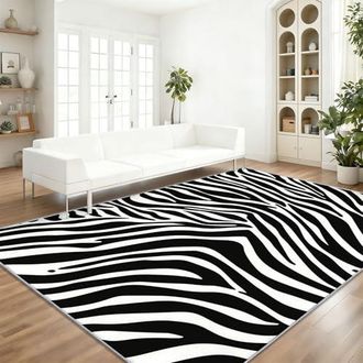 Generic Tapis 140 x 200 cm Rayures Z&egrave;bres Abstraites Doux Moelleux Robuste Facile &agrave; Nettoyer Moderne pour Chambre Couloir, Noir Blanc