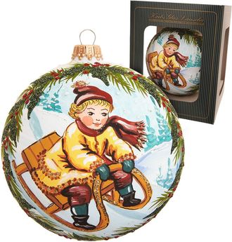 Krebs Glas Lauscha Weihnachtskugel Junge auf Schlitten - Wei&szlig; - &Oslash;10cm - Glas - handgefertigt & mundgeblasen - Weihnachtsbaum - Deko - Ornament - festlich - winterlich