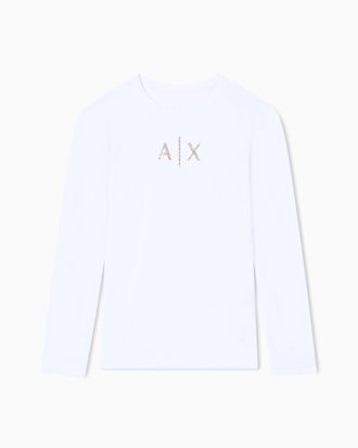 A|X Armani Exchange Womens Long Sleeve Front Strass Logo Slim fit, Shirt, White, XS