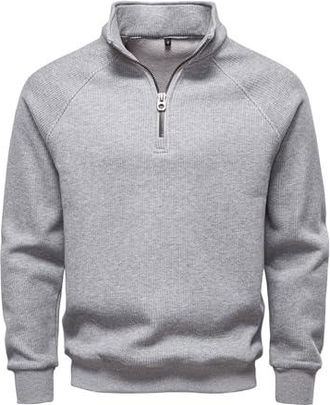 Generic Pull à fermeture éclair 1/4 pour homme - Col montant - Manches longues - Chaud - Tendance - Pull décontracté en patchwork avec poche, Cendré clair, XX