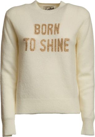 MC2 Saint Barth Femme, Pulls, Beige, Taille: 36 FR Girocollo Scritta strass Born to shine