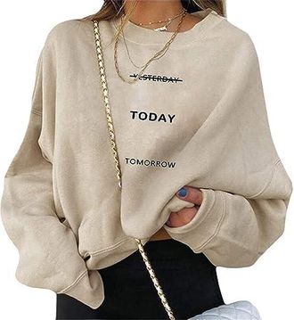 ORANDESIGNE Sweatshirt Femme Décontractées Oversized Lettre Imprimé en Manches Longues Col Rond Blouses sans Capuche Pullover Automne Hiver Top Adolescent Filles 
